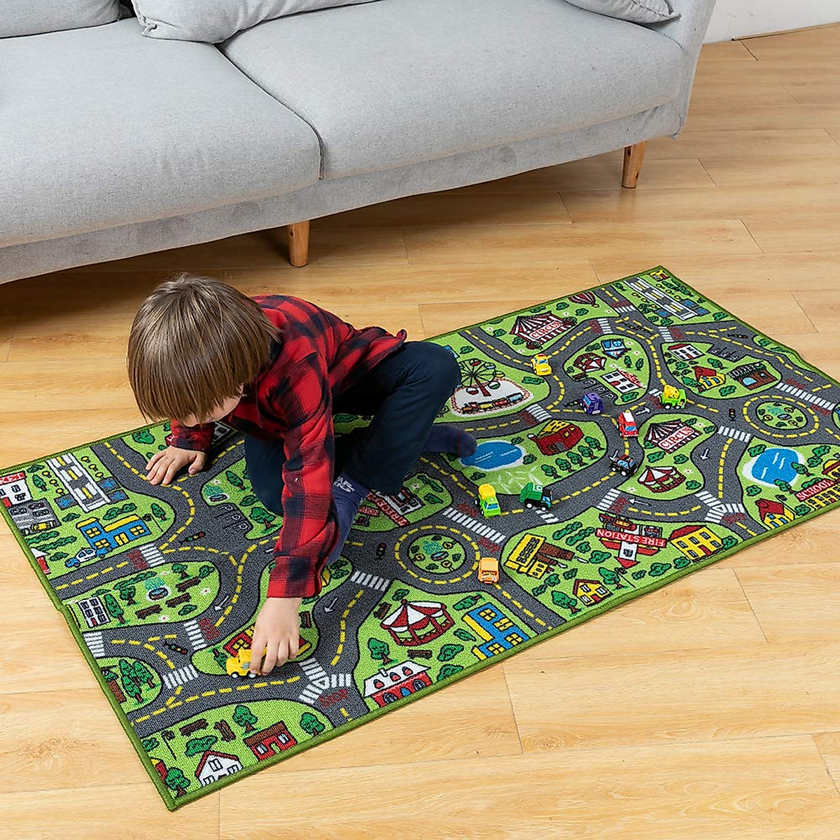 JOYIN Kids Play Rugs - 12 Pull-Back Vehicle Set - Durable Carpet Playmat Rug - City Pretend Play - Toddler Car Track Rug