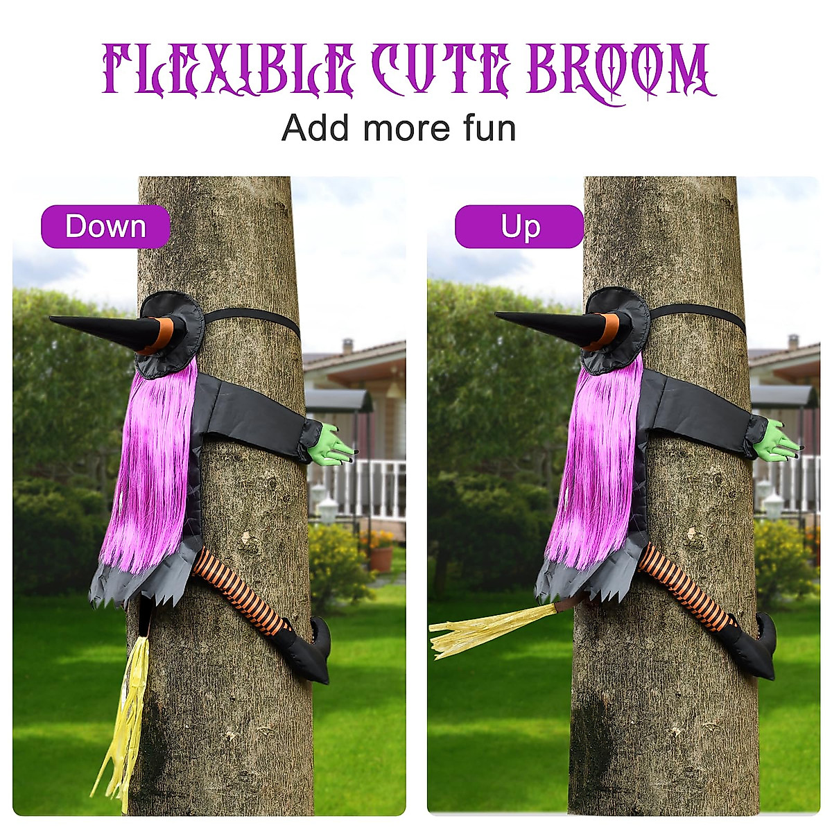 Crashing Witch into Tree for Halloween Decoration，Hanging Halloween Witch Props with Light String for Outdoor Tree Porch Garden Patio Halloween Decor Party Supplies (LED Crashing Witch)