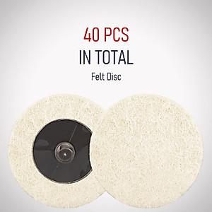 RENOTEC 40pcs Wool Felt Glass polishing Pads R-Type 2" Compressed Wool Fabric Quick Change Disc Roll Lock Surface Polishing Buffing Pads Wheels with 1Pcs Shank