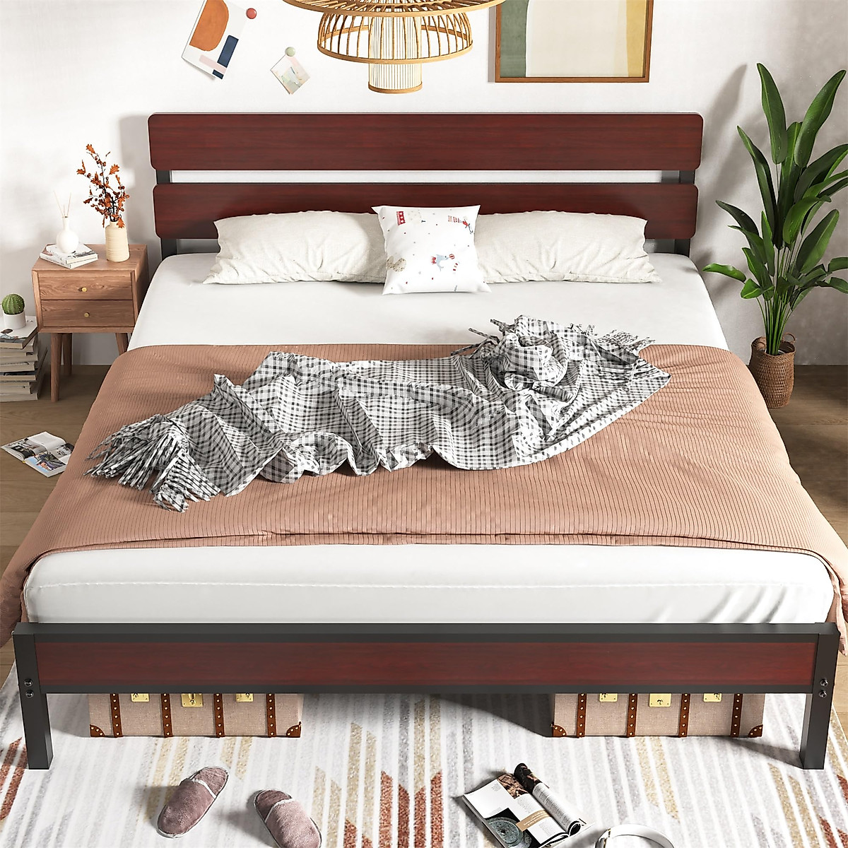 King Size Bed Frame with 0.6in Thick Headboard and Footboard, Platform Bed with 13 Premium Metal Slats, Non-Slip, No Box Spring Needed, Noise Free, Easy Assembly (Wine Color, King)