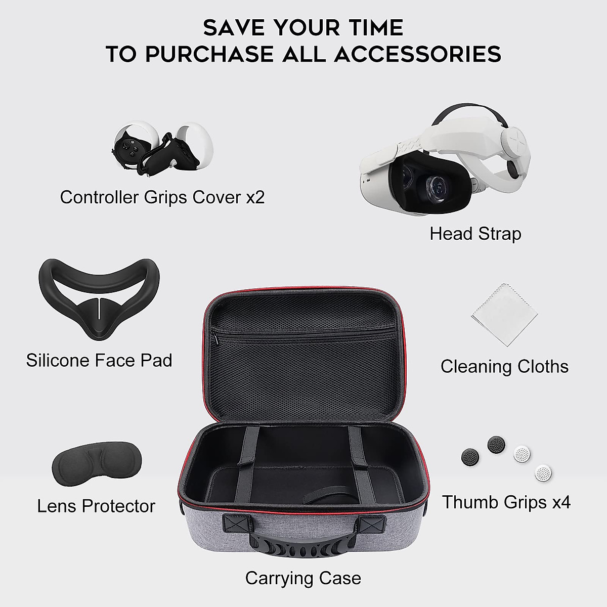 DESTEK All in One Accessories Bundle Compatible with Meta/Oculus Quest 2, Carrying Case Set Includes Head Strap, Controller Grips Cover, Silicone Face Cover, Lens Cover, VR Accessories Travel Kit