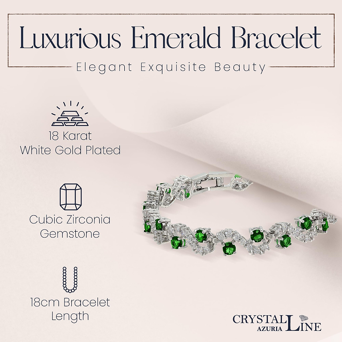 Crystalline Azuria Tennis Bracelet with Green Simulated Emerald Zirconia Crystals 18K White Gold Plated for Women