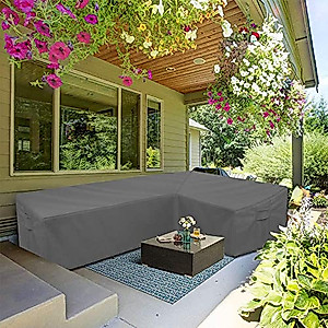 STARTWO Patio Sectional Sofa Cover, Heavy Duty Waterproof Outdoor Sectional Furniture Cover Weatherproof L-Shaped Lawn Patio Furniture Cover with Air Vents Windproof Straps (Grey)