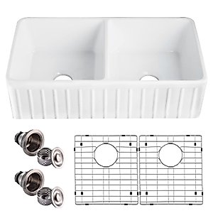 Double Bowl Kitchen Sinks, HOROW 33 inch White Kitchen Sink 50/50 Apron Front Ceramic Fireclay Farmhouse Sink, 33"W x 18"D x 10"H
