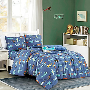 Blue Airplanes print Comforter Set for Boys Girls teen. Twin size Bedding for kids room. Include Twin comforter fitted sheet, pillow sham and Plush Airplane pillow (AIRPLANE, Twin)