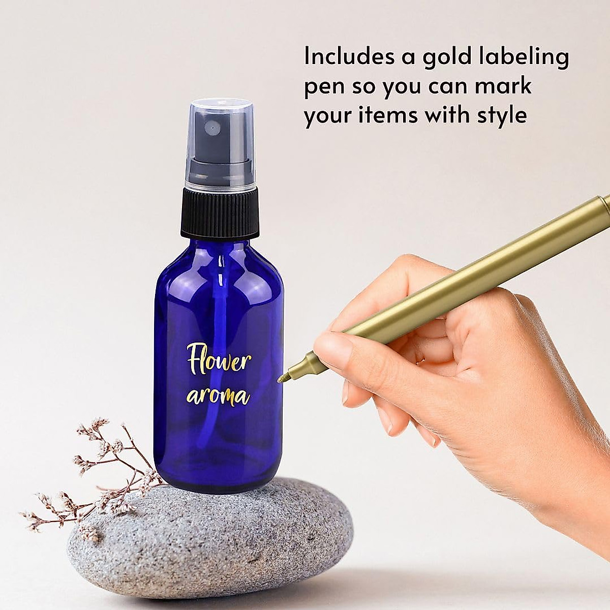 CULINAIRE 2oz Glass Spray Bottles for Essential Oils with Gold Pen Marker, Small Fine Mist Spray Bottle, Refillable, for Hair Spray, Essential Oils, Colognes, and Hand Sanitizers, Blue, Pack of 24