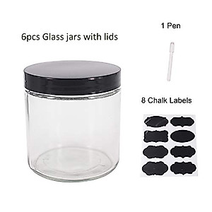 BPFY 6 Pack 16 oz Glass Jars With Plastic Lids, Glass Kitchen Canisters Cabinet, Pantry Organization, Food Storage Jars for Flour, Sugar, Coffee, Candy, Snacks, 8 Chalk Labels, 1 Pen