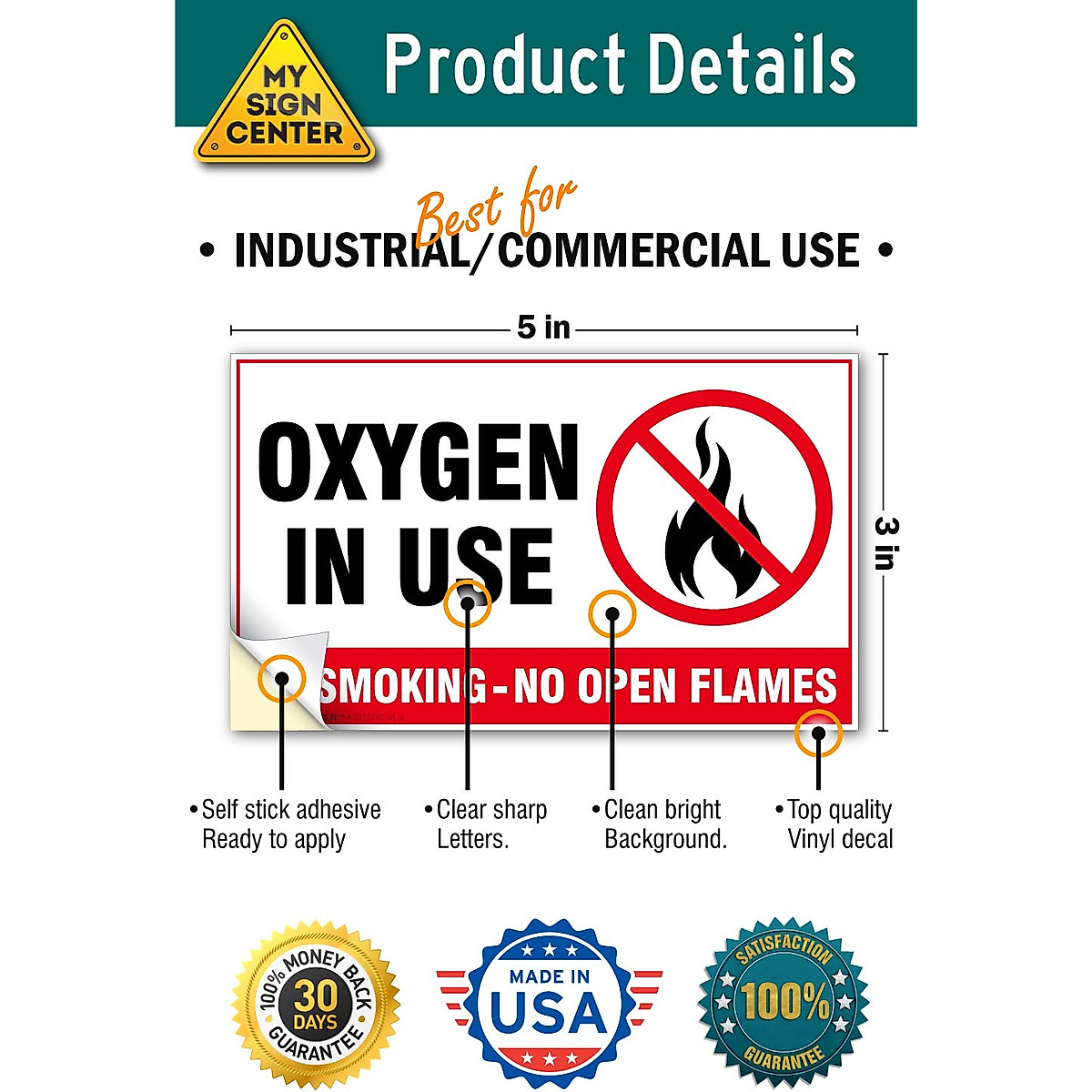 (2 Pack) Oxygen in Use No Smoking No Open Flames Decal Sign - 5"L x 3"W - Self-Adhesive 4 Mil Vinyl Decal - Indoor and Outdoor Use - 21157H2-VL-2
