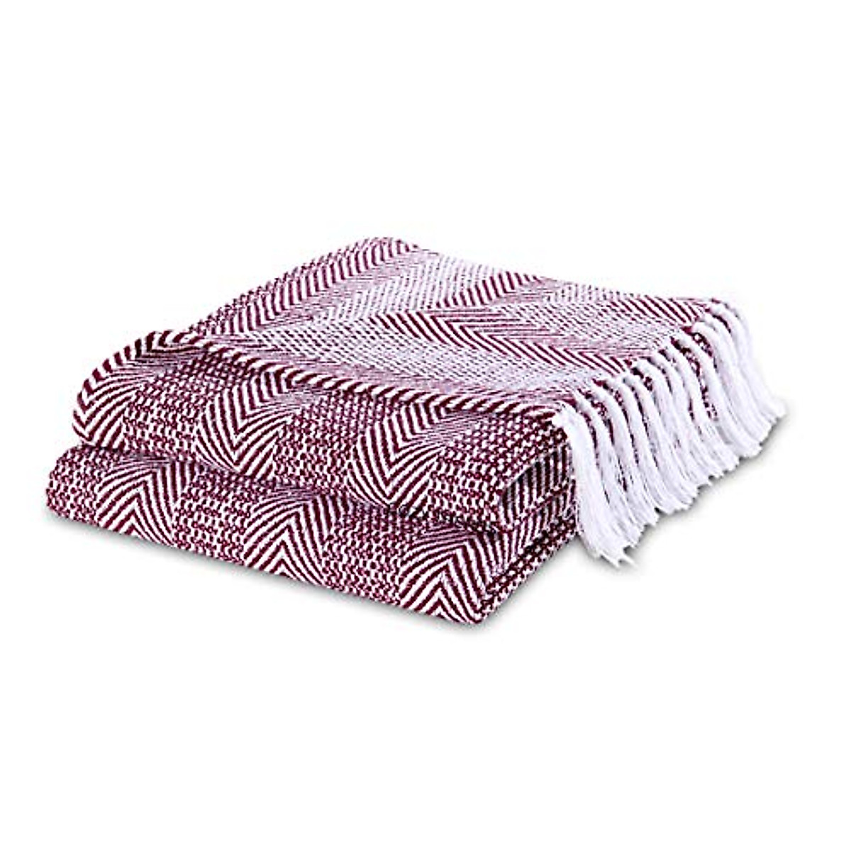 Cotton Hand Woven Soft Cozy Warm Throw Blankets Set of 2 50x60 Inches All Season Light Weight Couch Chair Bed Decorative Herringbone Weave (Burgundy)