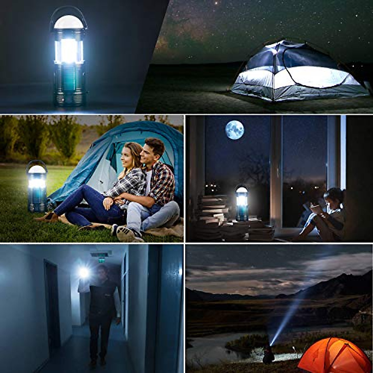 2 Pack Black 5 in 1 Solar USB Rechargeable 3 AAA Power Brightest COB LED Camping Lantern with S Charging for Device, Waterproof Collapsible Emergency Flashlight LED Light