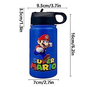 Kids Insulated Stainless Steel Cups Cartoon Reusable Water Bottle Cute Tumbler with Straw Lid Wide Handle Leak Proof Mugs for Boys Girls (12oz, Blue)