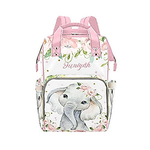 Elephant Soft Pink Blush Floral Personalized Diaper Backpack with Name Custom Mommy Nursing Baby Bag Travel Daypack