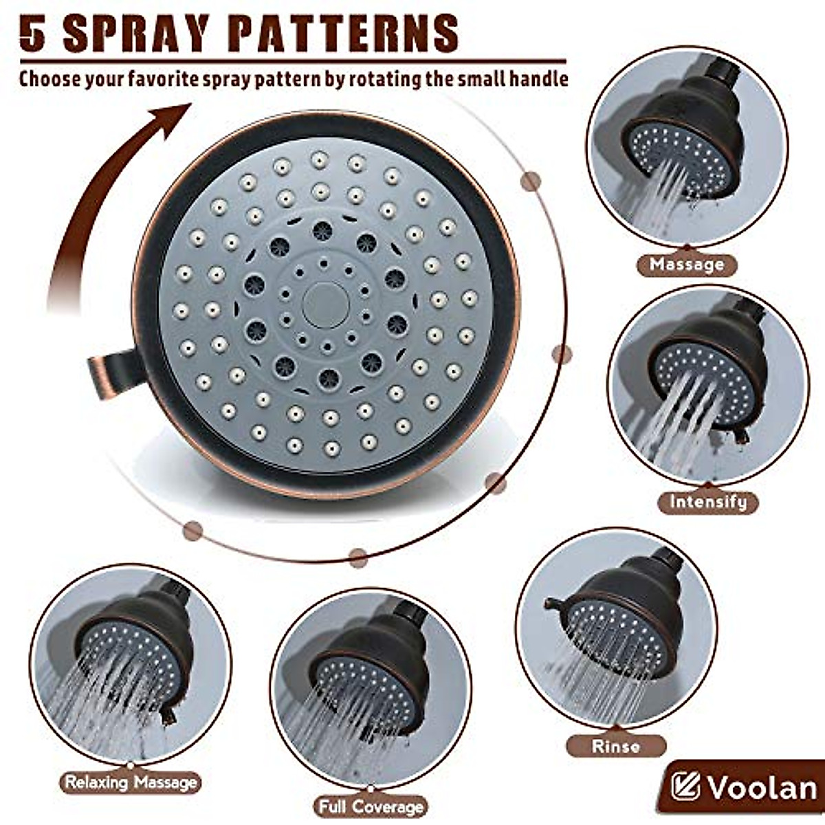 Voolan High Pressure Shower Head with Shower Arm - 5 Function Rain Shower Head - Comfortable Shower Experience Even at Low Water Flow - Oil-Rubbed Bronze