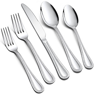E-far 60-Piece Silverware Set for 12, Stainless Steel Flatware Cutlery Set with Pearled Edge, Include Forks Spoons and Knives, Modern Tableware Eating Utensils for Kitchen Restaurant, Dishwasher Safe