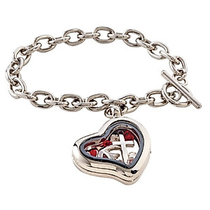 Needzo Chain Linked Confirmation Bracelet, Locket Dangle Attachment with Dove, Cross, and Bead Charms, Religious Gifts for Her, One Size Fits Most