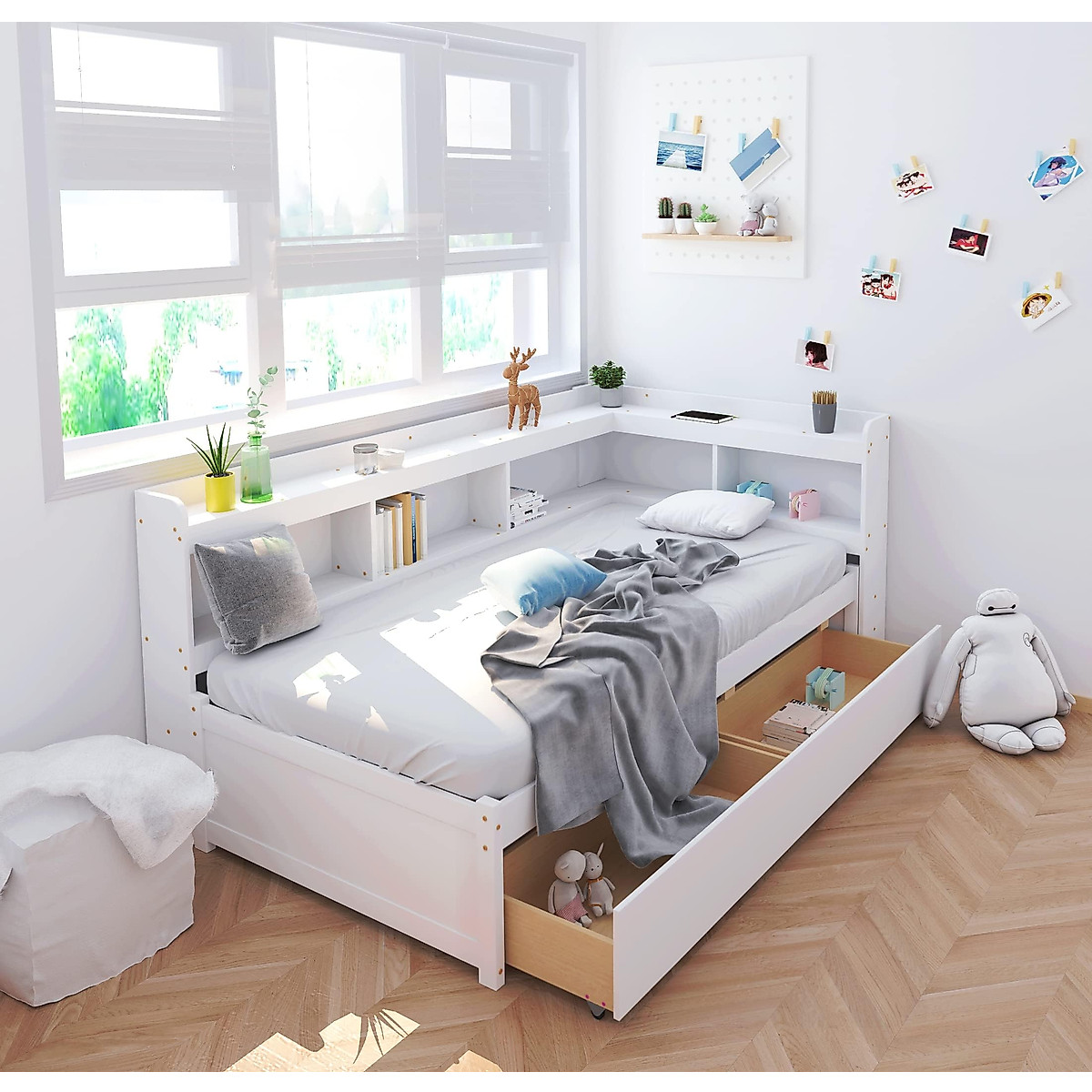 DEINPPA Twin Size Bookcase Bed, L Shape Captain Bed Frame with Storage Drawers, Wooden Platform Bed with Bookcase Headboard, Hug Bed Frame for Kids Teens Boys Girls-White