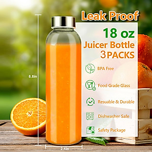 Zukro Glass Juice Bottles with Lids for Juicing 18 oz, Reusable Clear Glass Water Bottles with Stainless Steel Airtight Cap for Refrigerator, 100% Leak Proof, BPA Free, Set of 3