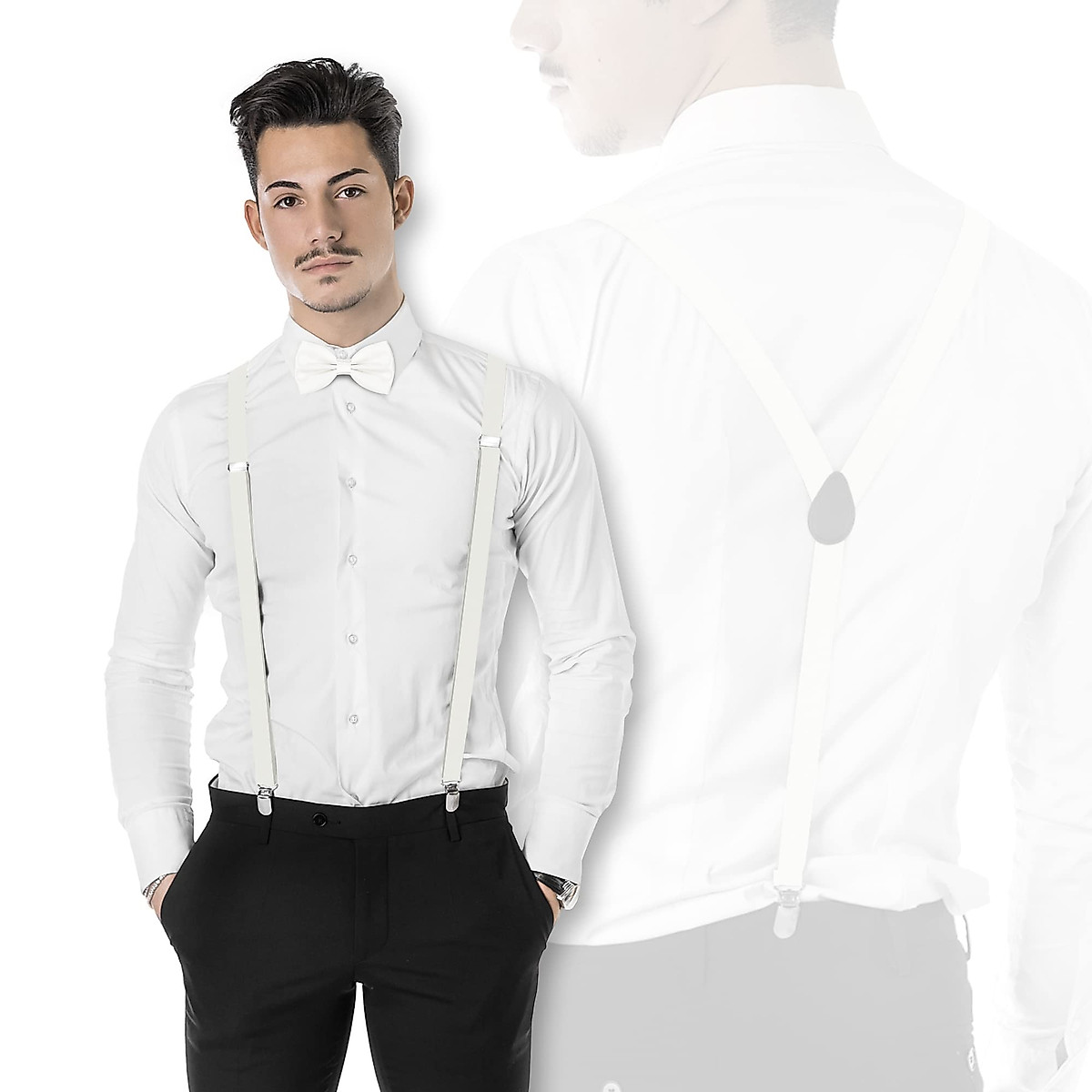 ULEEMARK White Suspenders for Women Adjustable Buckle with Strong Clip White Bow Tie,Elastic Y Shape White suspenders for men for Wedding