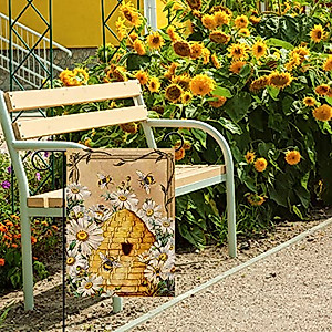 Furiaz Daisy Bee Spring Summer Garden Flag, House Yard Lawn Decorative Small Flag Honeycomb Flower Home Outside Decoration Sign, Floral Hive Farmhouse Burlap Outdoor Welcome Decor Double Sided 12x18