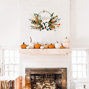 TEMPUS 16" Spring Wooden Bead Wreath Forsythia Pumpkin Wreath with Welcome Sign for Front Door Decorations Farmhouse Decorations