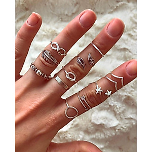 YOOESTORES82 12-20 Pcs Boho Silver Knuckle Ring Set Star Moon Wave Feather Stackable Rings Vintage Turquoise Multiple Midi Finger Ring Sets for Women (A)