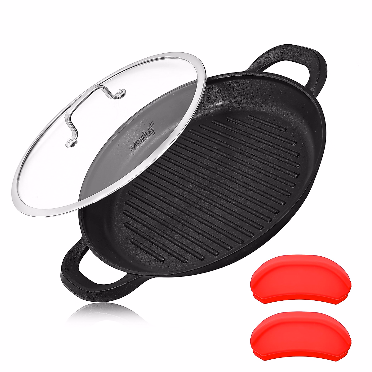 Vinchef Nonstick Grill Pan for Stove tops | 13.0" Skillet, Indoor Induction Cast-aluminum Grill Pan with Lid and Anti-Scalding Tools, GRANITEC Nonstick Coating, Dishwasher & Oven Safe