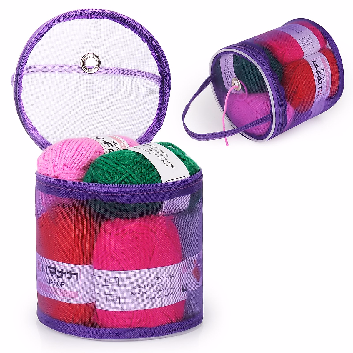 Katech Yarn Storage Case Empty Small Round Mesh Storage Bag Portable Knitting Yarn Balls Organizer Basket Crochet Thread Sewing Accessories Storage Tote Bags (Purple)
