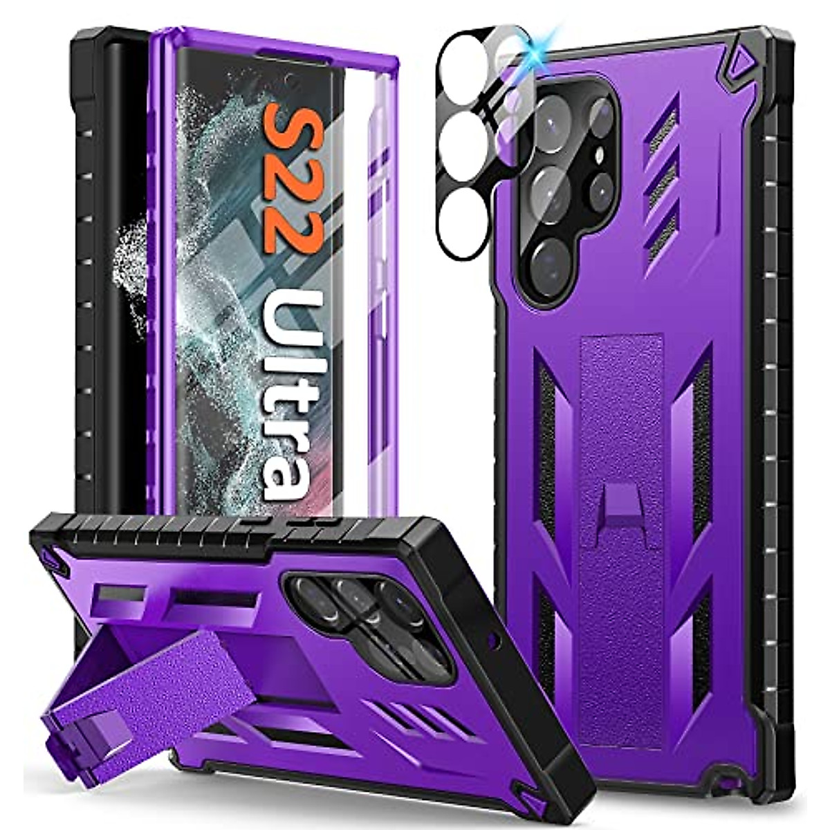 FNTCASE for Samsung Galaxy S22 Ultra Case: Built-in Screen Protector & Kickstand Full-Body Dual Layer Rugged Military Grade Shockproof Protection Heavy Duty Protective Phone Cover 5G-Purple