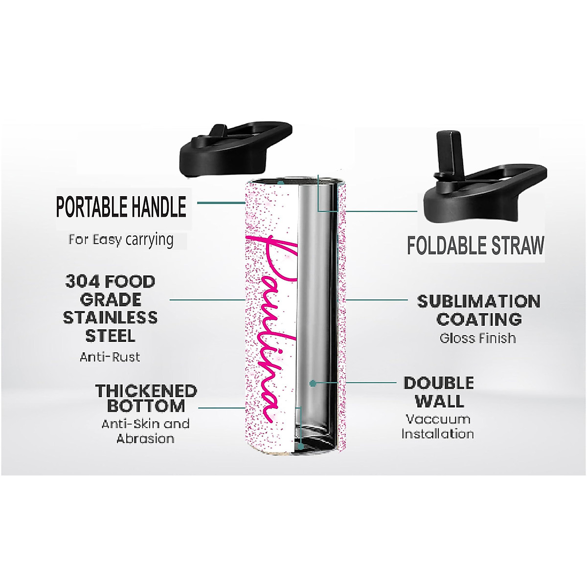 Personalized Flip Top 25oz Gym & Camp Water Bottle - 750ml Pink Glitter Effect with Name - Custom Sports Bottle