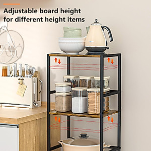 4-Tier Adjustable Kitchen Storage Rack - Kitchen Shelf Organizer Freestanding, Kitchen Storage Shelves with Wire Drawer, Metal Shelving Unit with Wood Board, Versatile Narrow Shelf for Small Space