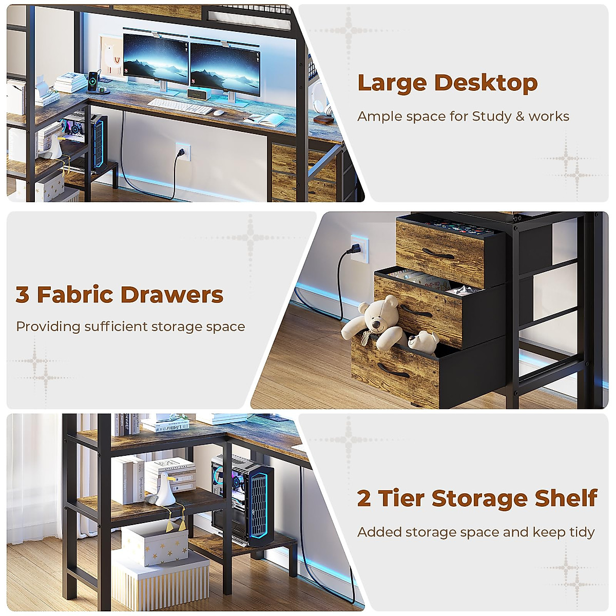 BTHFST Twin Loft Bed with L-Shaped Desk, Metal Twin Size Bed Frame with LED Lights & Charging Sation, 3 Fabric Drawers, 2-Tier Storage Shelves, Safety Guard & Ladder, No Box Spring Needed