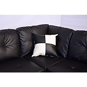 FlashBuy Sofa Sectional Sofa, L-Shape Faux Leather Sectional Sofa Couch Set with Chaise, Ottoman, 2 Toss Pillow Using for Living Room Furniture.（Black）