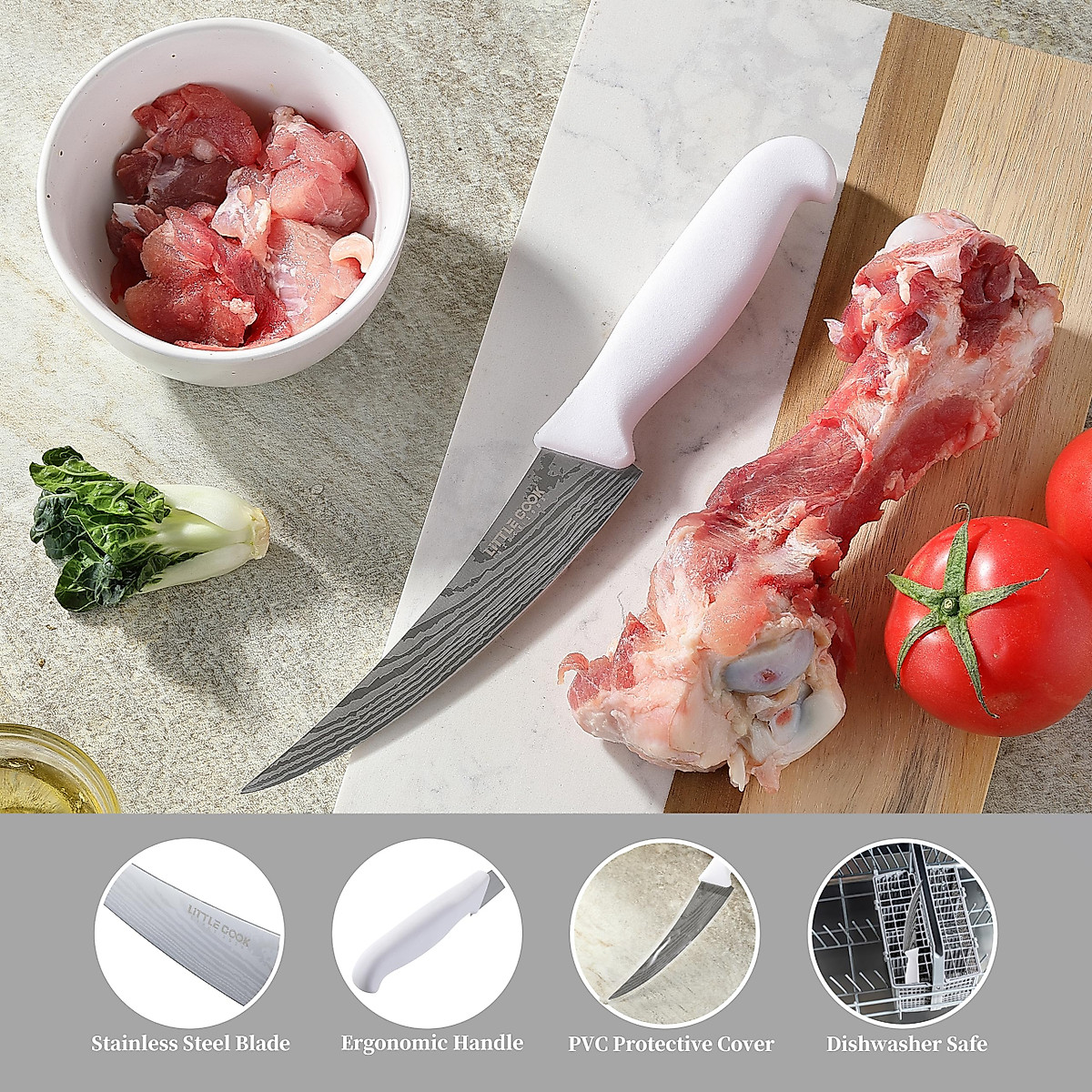 Boning Knife, Little Cook 6-inch Fillet knife, Stainless Steel Blade deboning Knife, Great for Meat Cutting, Fish, Poultry, Chicken (Dishwasher Safe, White)
