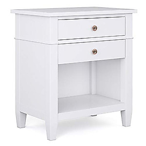 SIMPLIHOME Carlton 24 inches Wide Night Stand, Bedside table, White SOLID WOOD, Rectangle, with Storage, 2 Drawers and 1 Shelf, For the Bedroom, Transitional Modern