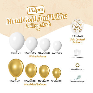 132pcs White and Gold Balloon Arch Kit, Metallic Gold and White Balloons Different Sizes of 18 12 10 Inch Balloons for Wedding Bridal Baptism Engagement Baby Shower Birthday Party Decorations