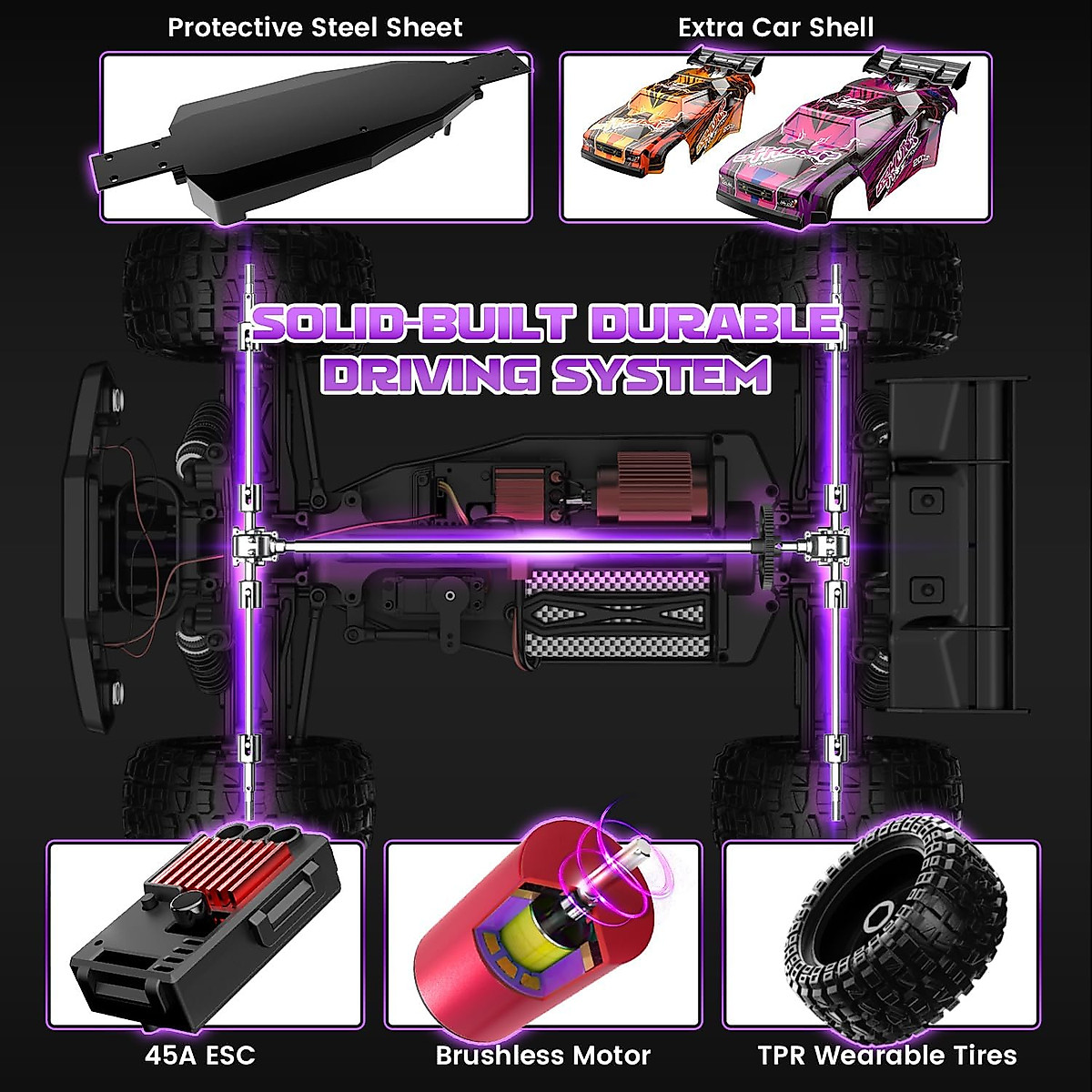 DEERC 200E 1:10 Large 3S Brushless High Speed RC Cars for Adults, 4X4 Fast RC Trucks W/Extra Shell LED Headlight, 60 KM/H, All Terrain Remote Control Car, Offroad Monster Truck for Boys,2 Battery