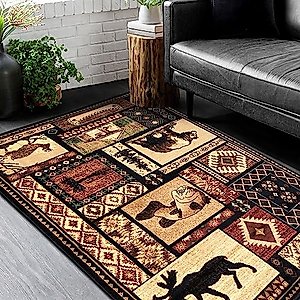HR Cabin 906 Nature and Animals Area Rug 5'2" x 7'2" Contemporary Geometric Design Fish/Moose/Bear/Lodge