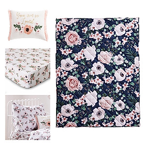 Levtex Baby - Fiori Toddler Bed Set - Black, Blush, Pink, White - Bold Floral - 5 Piece Set Includes Reversible Quilt, Fitted Sheet, Flat Sheet, Pillow Case, Decorative Pilow