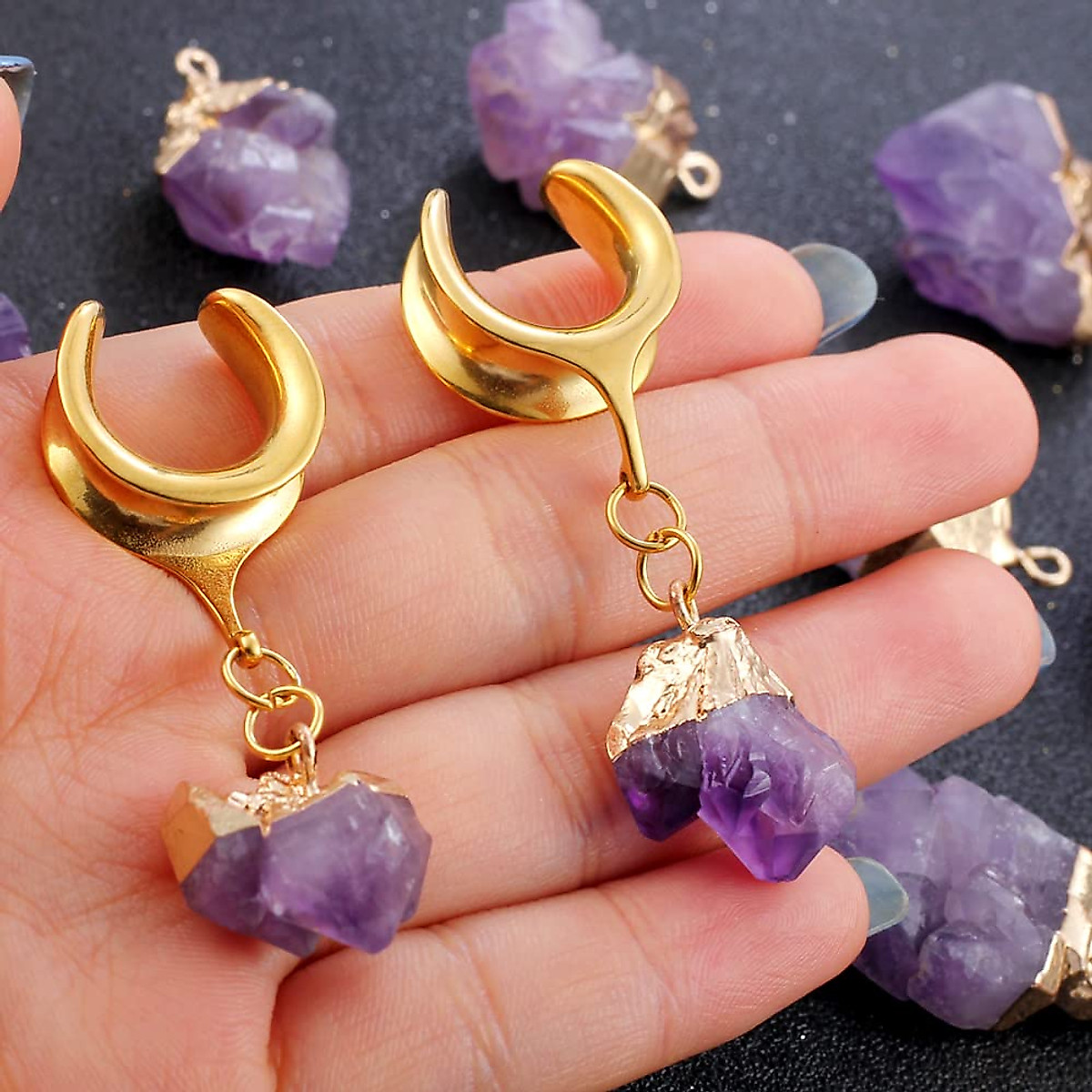 Casvort 2 PCS 12mm (1/2'') Hypoallergenic 316 Stainless Steel Gold Saddle Tunnels Hangers Amethyst Stone Dangle Ear Gauges Plugs Stretcher Earring Body Jewelry