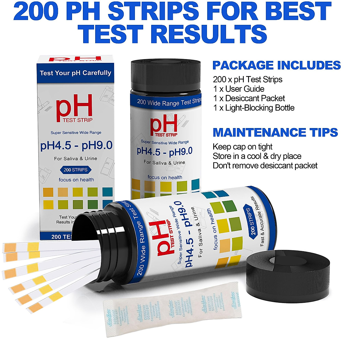 PH Test Strips for Urine & Saliva - 200ct Urine PH Test Strips for Humans, Fast & Accurately Track & Monitor Your pH Level (4.5-9.0ppm) in Seconds, Quick & Easy to Test Alkaline & Acid Levels in Body