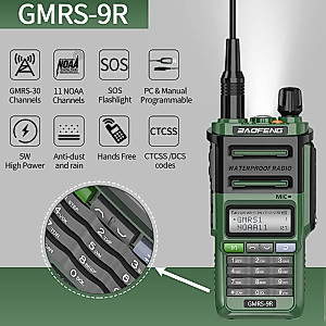 GMRS Radio Handheld 5W Radio Baofeng GMRS-9R Rechargeable Two Way Radio for Adults,Waterproof IP67,NOAA Scanning&Receiving with Extra Tactical Antenna,2800mAh Battery,Speaker Mic