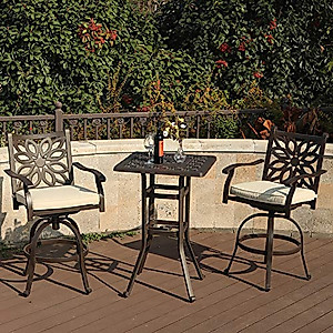 PHI VILLA Outdoor Swivel Bar Stools, Cast Aluminum Patio Pub Height Swivel Arms Chairs with Seat Cushion, Set of 2, Easy Assemble