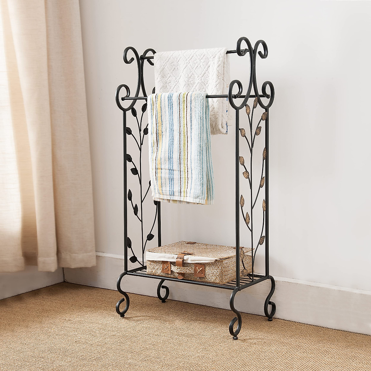 Kings Brand Furniture Black Metal with Gold Leaf Free Towel Rack Stand with Shelf