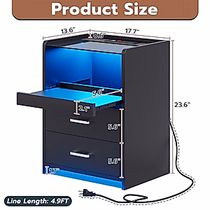 VIAGDO Nightstand with Charging Station and LED Lights, Black Night Stand with Glass Top and Storage Drawers, End Side Tables with Pull-Out Tray and USB Ports, Modern Bedside Tables for Bedroom