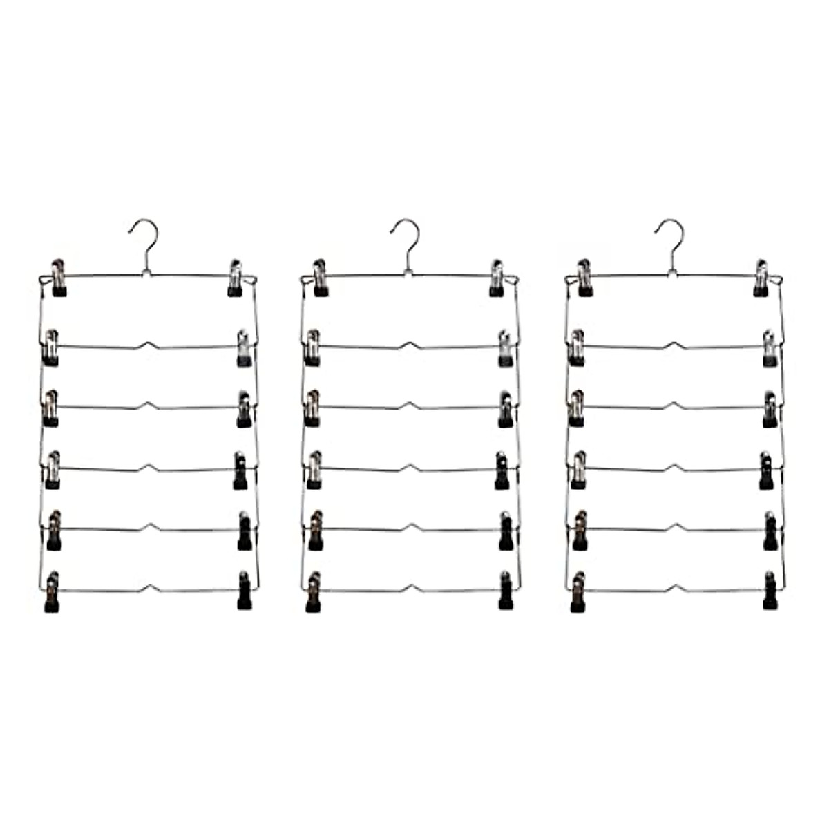 Neusu Space Saving 6 Tier Metal Skirt Hangers - Pack of 3 - Premium Quality Skirt & Pants Hangers with Rubber Coated Adjustable Clips for Women & Men - Hang Skirts, Slacks, Trousers, Jeans