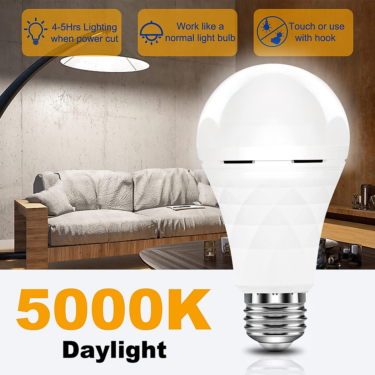 A19 Rechargeable Light Bulbs, Emergency Light Bulbs for Power Failure, LED Bulb 80 Watt Equivalent,12W 5000K Daylight 1200mAh Battery Backup Light Bulb E26/E27 with Hook for Daily and Emergency Use.