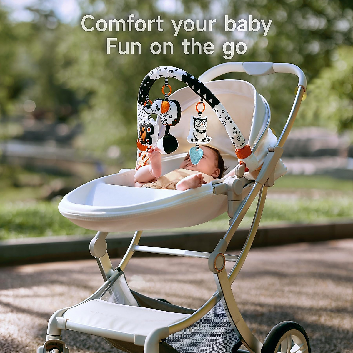 TUMAMA Car Seat Toys for Babies 0-6 Months, Stroller Toys for Infant 0-6 Months, Newborn Sensory Hanging Rattle Arch Toy with Butterfly Elephant Owls,Musical Toy for Baby 6-12 Months