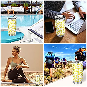 ALAZA White Daisy Flower on Yellow Insulated Travel Tumbler Mug with Lid & Straw Double Wall Vacuum Water Bottle Car Cup Stainless Steel, Hot and Cold Thermos, 20oz