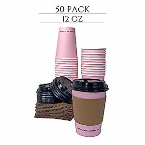 50-Pack 12 OZ Eco-Friendly Disposable Coffee Cups with Lids & Sleeves - Premium Biodegradable Paper Cups for Hot/Cold Beverages - Ideal for Parties, Offices & On-the-Go - Pink