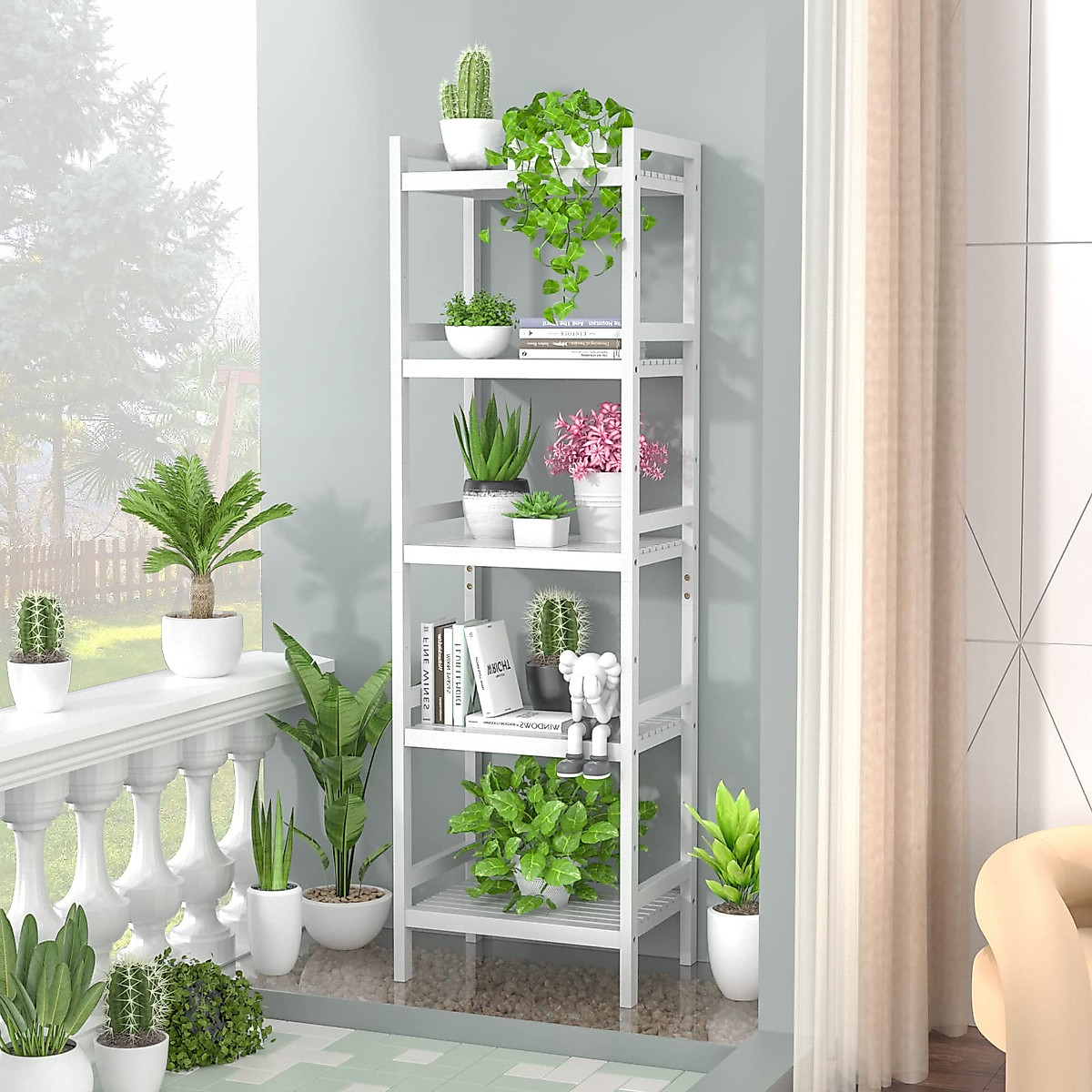 Homykic Bamboo Bookshelf, 5-Tier Narrow 55.9” Adjustable Book Shelf Bookcase Bathroom Shelves Freestanding Storage Stand for Living Room, Bedroom, Kitchen, Rust Resistance, Easy Assembly, White